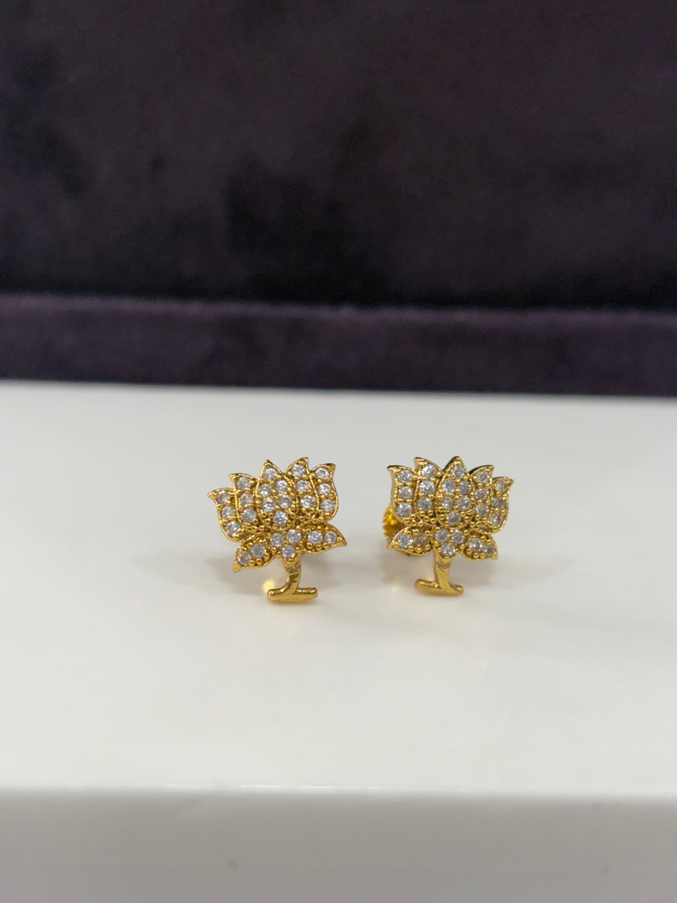 Beautiful white lotus studs with screwback – Sujatha Gold Covering Works