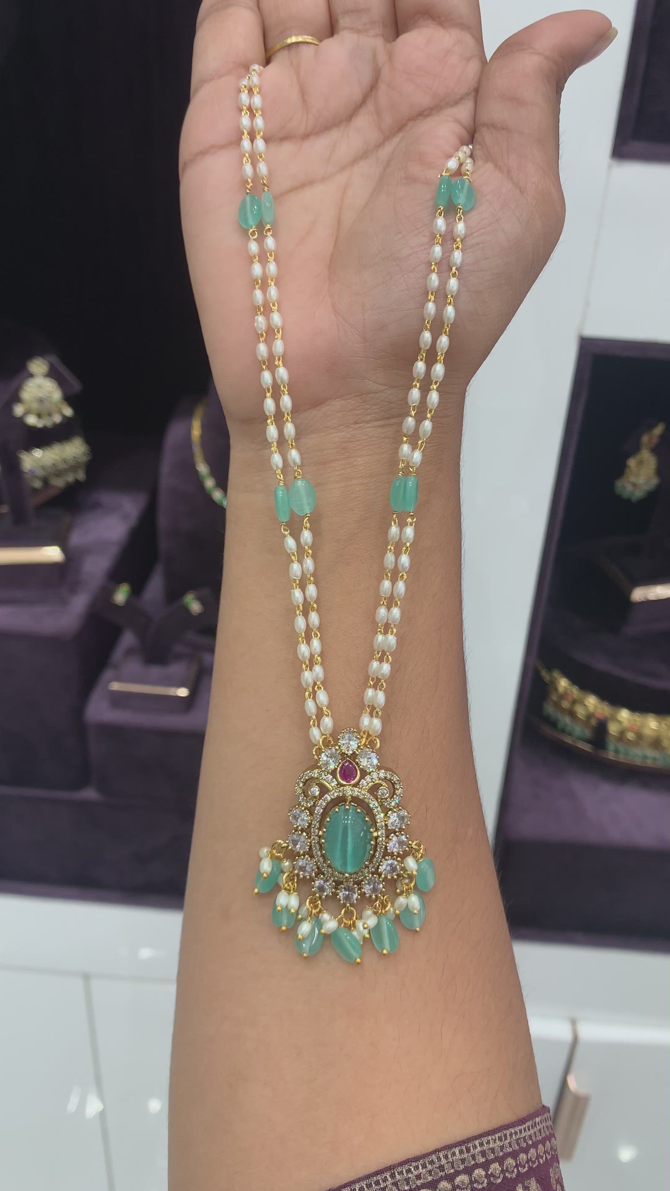 Beautiful locket with 2 line rice pearl chain – Sujatha Gold Covering Works